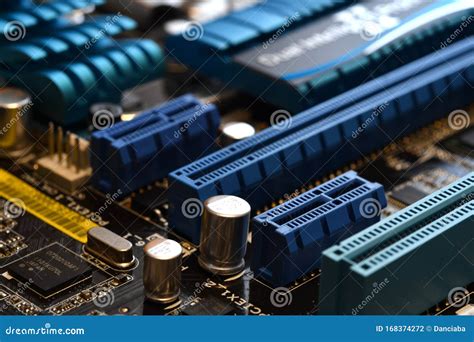 Motherboard With Blue PCI Express Slot Close Up And Selective Focusing Stock Photo Image Of