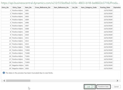 using business central odata feeds to get data into excel
