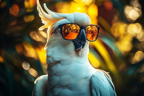 A Playful White Cockatoo Wearing Yellow Sunglasses Poses Confidently In