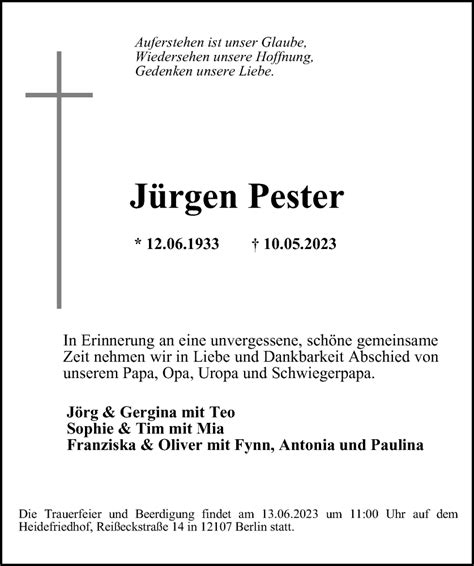 Traueranzeigen Von Jürgen Pester Trauerinberlin De