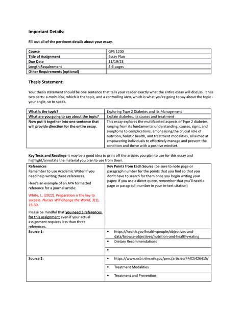 Essay Plan Assignment Important Details Fill Out All Of The Pertinent Details About Your