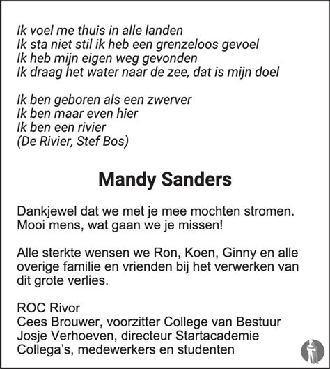 Mandy Sanders 29 10 2018 Overlijdensbericht En Condoleances Mensenlinqnl