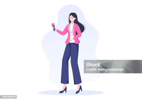 플랫 스타일 만화 일러스트레이션의 장비 뉴스 마이크 기자 및 인터뷰 스피치 미디어 이벤트가있는 저널리즘 또는 소셜 방송