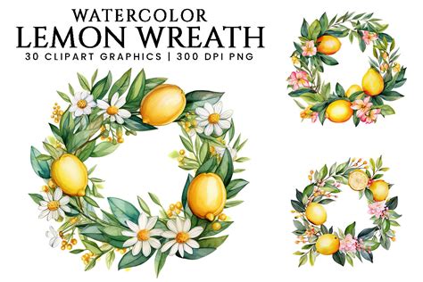 Watercolor Lemon Wreath Clipart Bundle Graphic By Designscotch