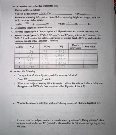 Solved Instructions For The Cyclingleg Ergometry Test 1