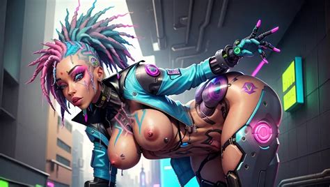 Dopamine Girl High Resolution Nude Cyborg Cute Bimbo Wearing A Short Jacket With Neon Blue