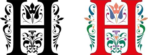 꽃 대문자 H 실루엣 알파벳입니다 중세 르네상스 팬시 모노그램 이니셜 블랙 프리미엄 벡터