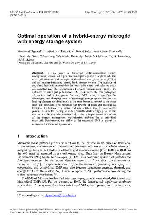 Pdf Optimal Operation Of A Hybrid Energy Microgrid With Energy Storage System