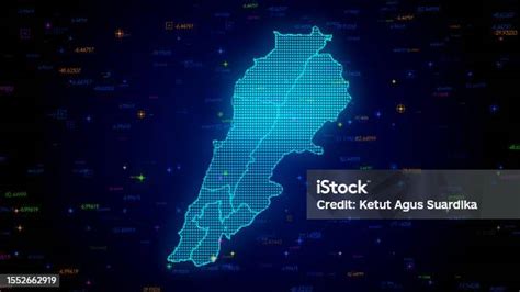 미래 지향적 인 파란색 다채로운 반짝이는 디지털 기술 Hud Dots 모자이크 그리드 레바논지도 별도의 지역 숫자 기술 입자로