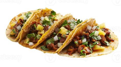 Mexican Tacos Al Pastor Garnished With Pineapple Chunks On The