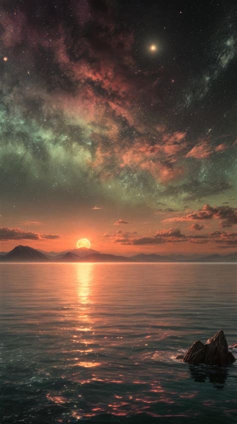 Ночное небо в красочной фантастической сцене со звездами облаками солнцем и плавучим островом