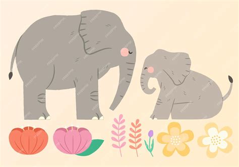 Decoración Floral Elefante Madre Y Bebé Vector Premium