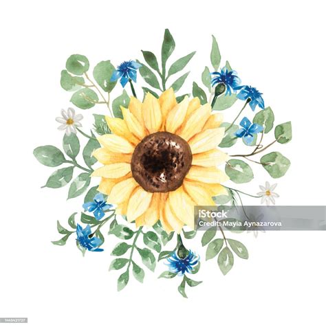 해바라기 꽃다발 클립 아트 수채화 초원 꽃 프린트 소박한 야생화 꽃다발 그림 결혼식 초대장 베이비 샤워 로고 0명에 대한 스톡