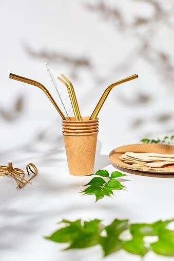 환경 친화적 인 식기 재사용 가능한 일회용 접시 컵 스테인레스 스틸 빨대 및 하드 라이트 섀도우가있는 흰색 배경에 청소 브러시 세트 생분해성 공예 요리 재활용 개념 0명에