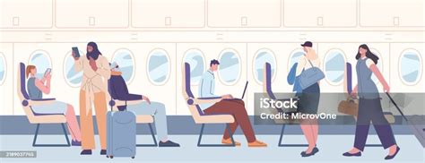 비행기에 탑승하는 승객 비행기에 탑승하는 여행자 여행 가방과 가방을 든 사람들 노트북을 들고 앉아서 잠을 자는 사람들 비행 휴가 벡터 장면 가방에 대한 스톡 벡터 아트 및