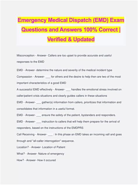 Emergency Medical Dispatch Emd Exam Questions And Answers 100 Correct Verified And Updated