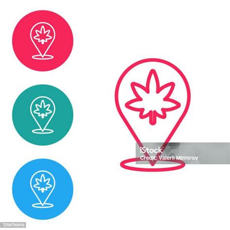 빨간색 라인지도 포인터와 마리화나 또는 대마초 잎 아이콘은 흰색 배경에 고립 대마 기호 원 버튼에 아이콘을 설정합니다 벡터