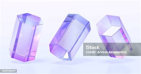 다른 각도의 유리 육각형 프리즘 보기 3d 렌더링 아이콘 세트 추상적인 그림 홀로그램 그라데이션 질감 크리스탈 무지개 개체