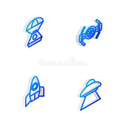 Set Isometric Line Cosmic Ship Space Capsule Rocket And Ufo Flying Spaceship Icon Vector