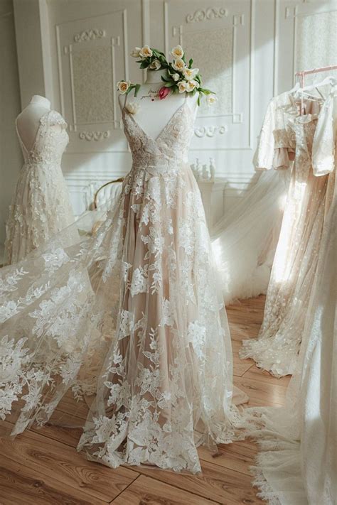 Floral Lace Wedding Dress Lace Wedding Dress With Sequins Bohemian Fine Straps Wedding Dress