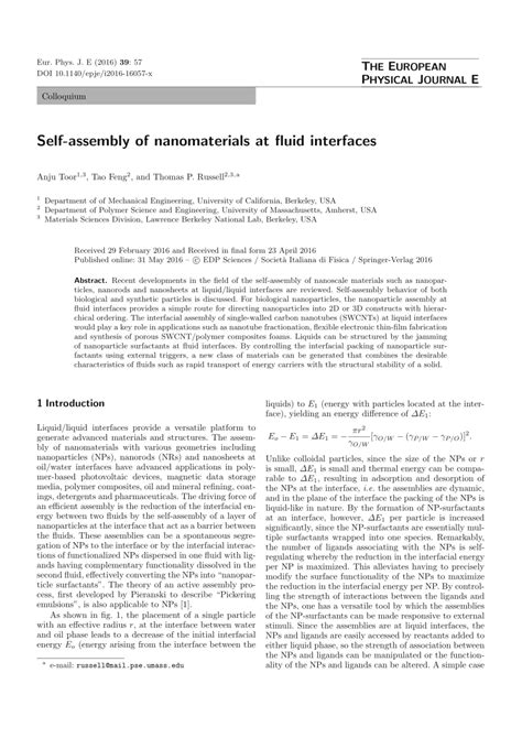 Pdf Self Assembly Of Nanomaterials At Fluid Interfaces