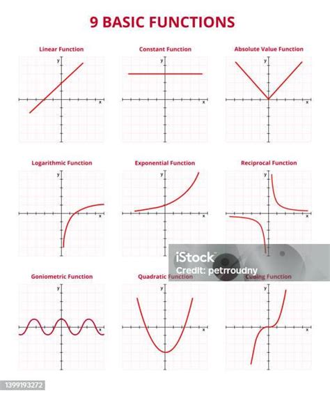 Vector Set Of Graphs With 9 Basic Mathematical Functions With Grid And