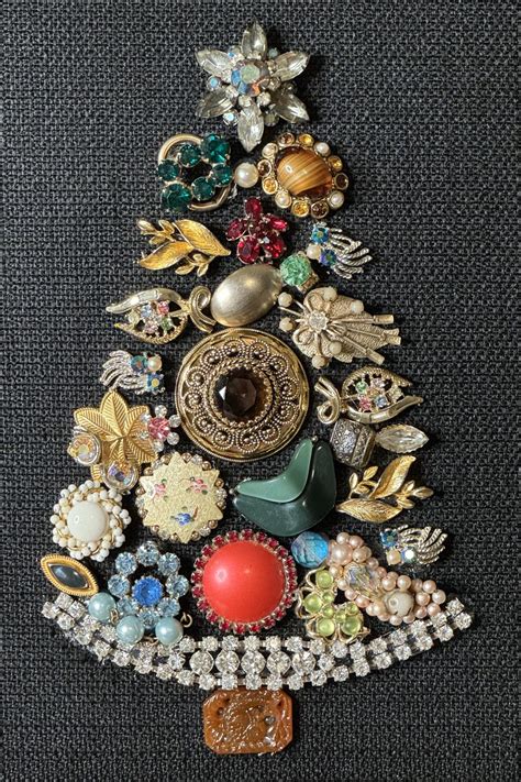 Sparkling Vintage Jewelry Collage Christmas Tree Handmade Antique
