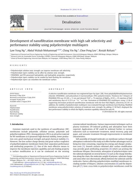 Pdf Development Of Nanofiltration Membrane With High Salt Selectivity And Performance