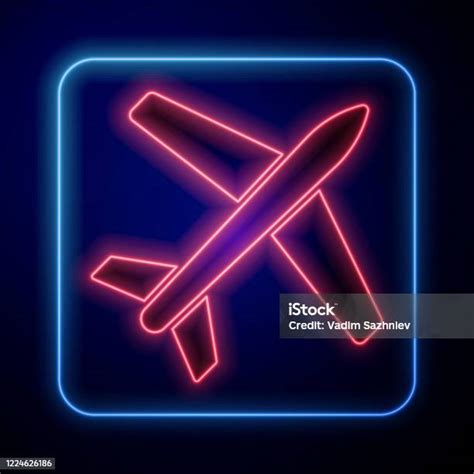 發光霓虹燈平面圖標隔離在藍色背景上飛行飛機圖示客機標誌向量插圖向量圖形及更多一個物體圖片 一個物體 乘客 交通方式 Istock