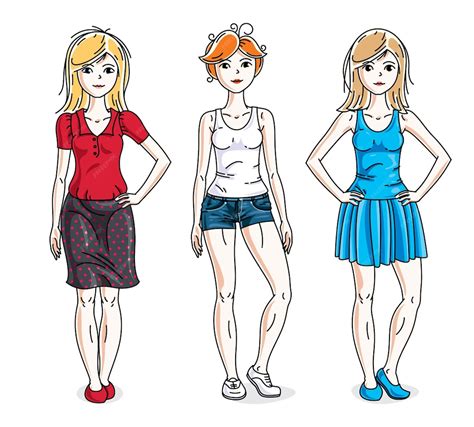 Premium Vector Happy Cute Young Women Group Standing Wearing Casual