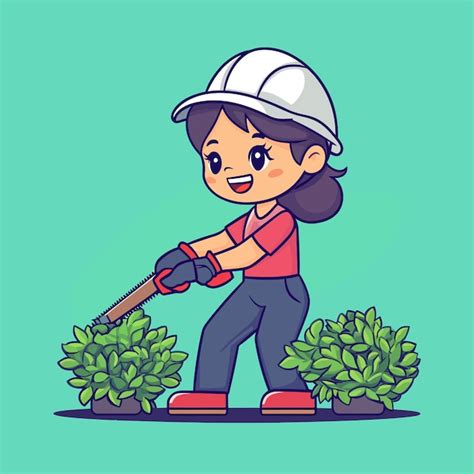 Cute Landscaper Trimming Shrubs Cartoon Vector Premium Ai Generated