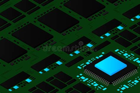 High Tech Electronic Pcb Printed Circuit Board With Processor Microchips And Glowing Digital