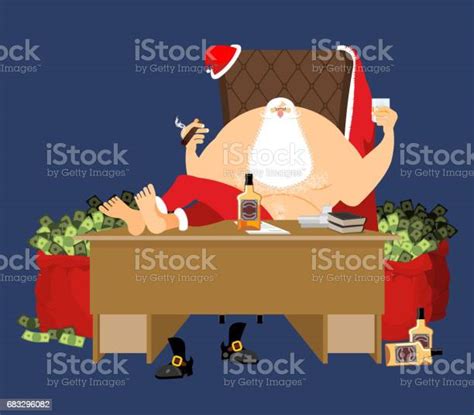 산타 후 이완 하는 작업입니다 리치 클로스과 돈을 빨간 가방입니다 음료 그리고 시 가입니다 위스키와 얼음 유리의 병입니다 사무실 작업 환경입니다 크리스마스에 대 한