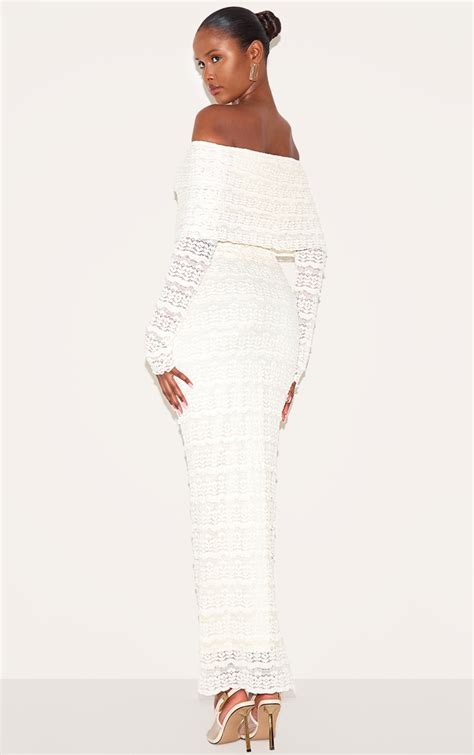 White Textured Bardot Maxi Dress Dresses Prettylittlething Ca