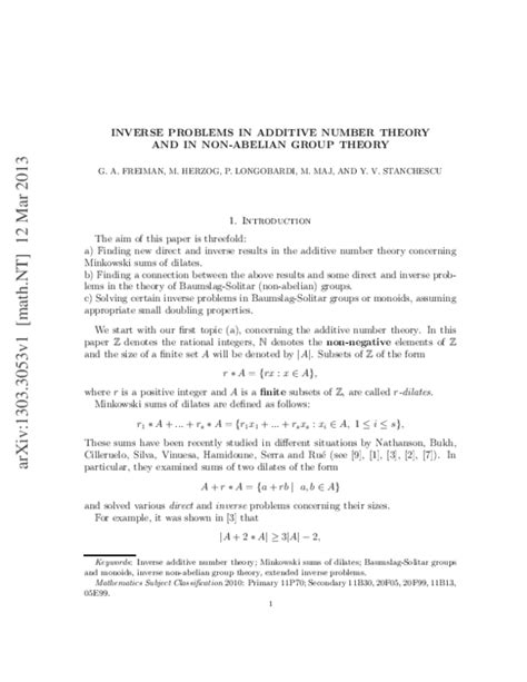 Pdf Inverse Problems In Additive Number Theory And In Non Abelian