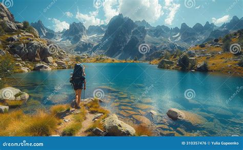 Person Standing In Front Of Mountain Lake Stock Photo Image Of Calm Generative