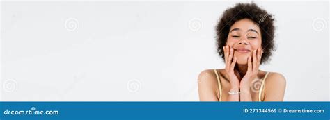Joyful African American Woman Touching Face Stock Image Image Of Crop