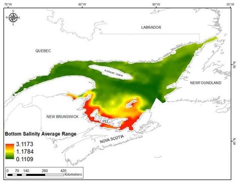 interpolated prediction surface of bottom salinity average range