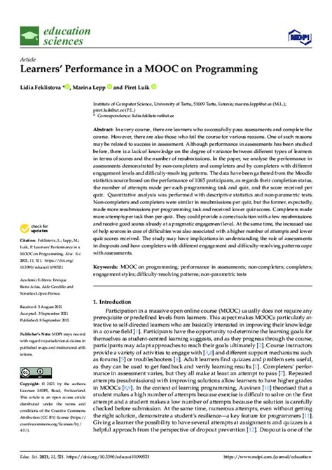 Pdf Learners Performance In A Mooc On Programming