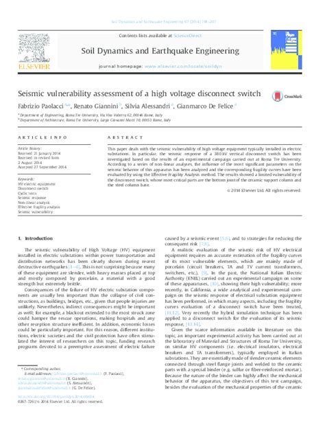 Pdf Seismic Vulnerability Assessment Of A High Voltage Disconnect Switch