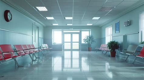 Sala De Espera Moderna Del Hospital Con Sillas Rojas Y Reloj Imagen De