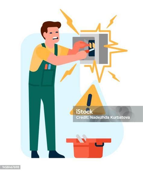 전기 기사가 감전으로 부상을 입었습니다 전기 전압으로 고통받는 기술자 제복을 입은 노동자 유지 보수를 고치는 남자 전기 패널을 수리하는 작업자 벡터 개념 기술자에 대한 스톡