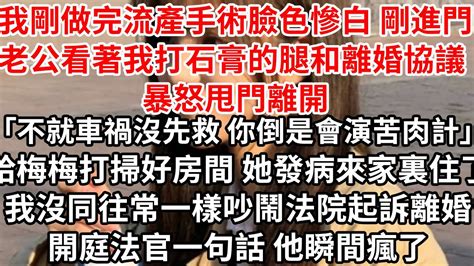 我剛做完流產手術臉色慘白剛進門老公看著我打石膏的腿和離婚協議 暴怒甩門離開不就車禍沒先救你倒是會演苦肉計給梅梅打掃好房間她要來家裏住了
