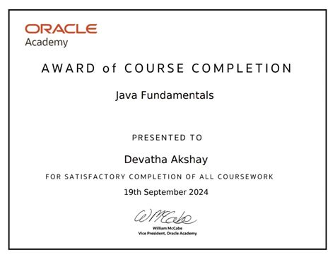 Java Oracleacademy Javafundamentals Coursecompletion Devatha Akshay