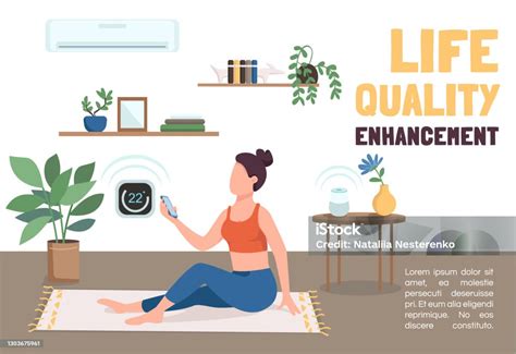 생활 품질 향상 배너 플랫 벡터 템플릿 Iot 기술 브로셔 만화 캐릭터가있는 포스터 컨셉 디자인 기후 제어 시스템 수평 전단지 텍스트 장소와 전단지 가공의 인물에 대한 스톡