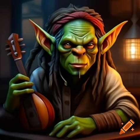 Cheerful Green Skinned Goblin Pirate Woman In Tavern With Patrons