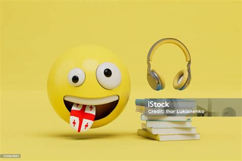조지아어 학습 책 헤드폰 및 그루지야 국기 형태의 혀가있는 웃는 얼굴 3d 렌더링 0명에 대한 스톡 사진 및 기타 이미지 0