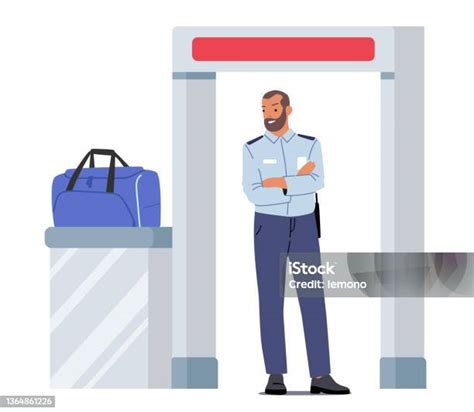 금속 검출기 프레임 공항 보안 검사 제어 개념 수컷 캐릭터 착용 유니폼 스탠드 에 포털 와 수하물 감지기에 대한 스톡 벡터 아트