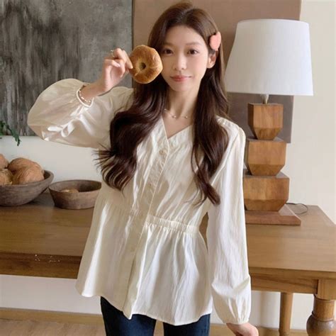 다온이상점 블라우스 브이넥 허리 밴딩 러블리 스타일 여성 블라우스 가을블라우스 여자블라우스 겨울블라우스 여성블라우스