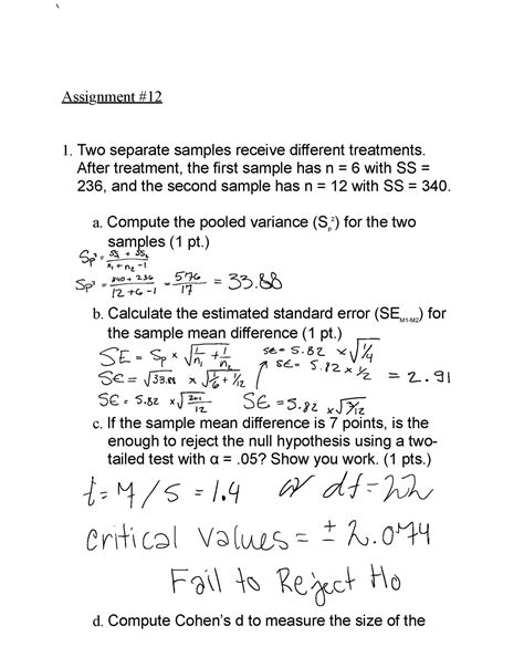 Assignment 12 Assignment Number 12 For Psyc 9 Stats Involves Sample Sets Estimated Standard